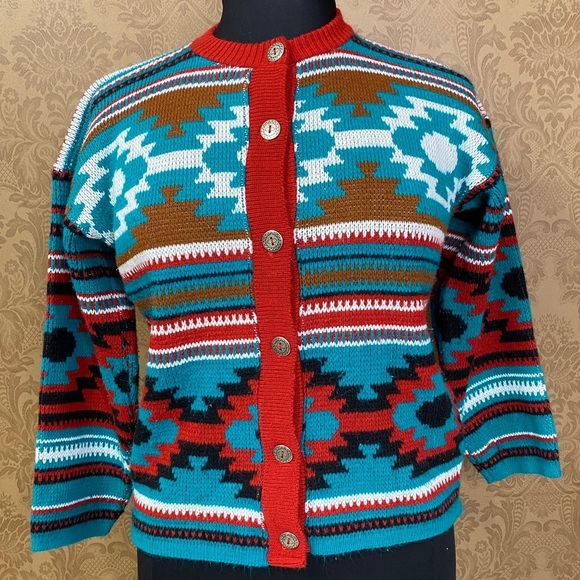 Vintage | Sweaters | Vintage 8s Knit Aztec Tribal Print Cardigan ...